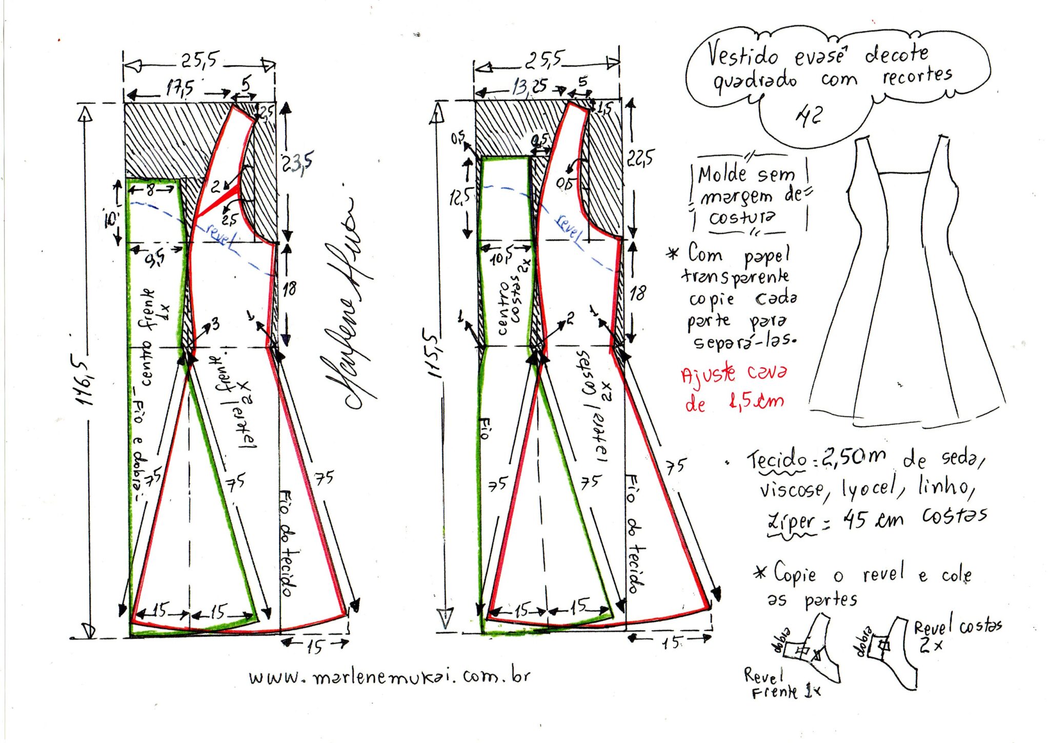 Vestido evasê com recortes e decote quadrado - Marlene Mukai